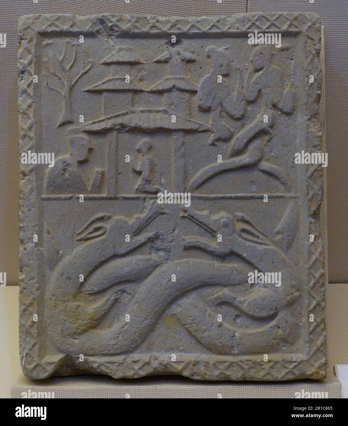 Fuxi and Nvwa with tower and twin dragons, China, unearthed from a ...