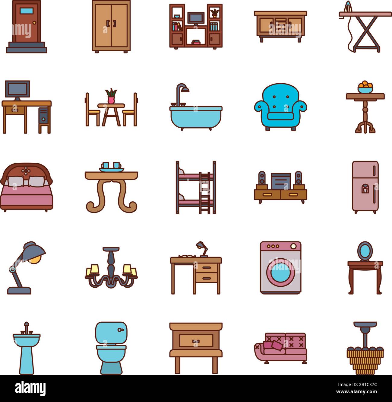 line and fill style icon set design, Home room decoration interior ...