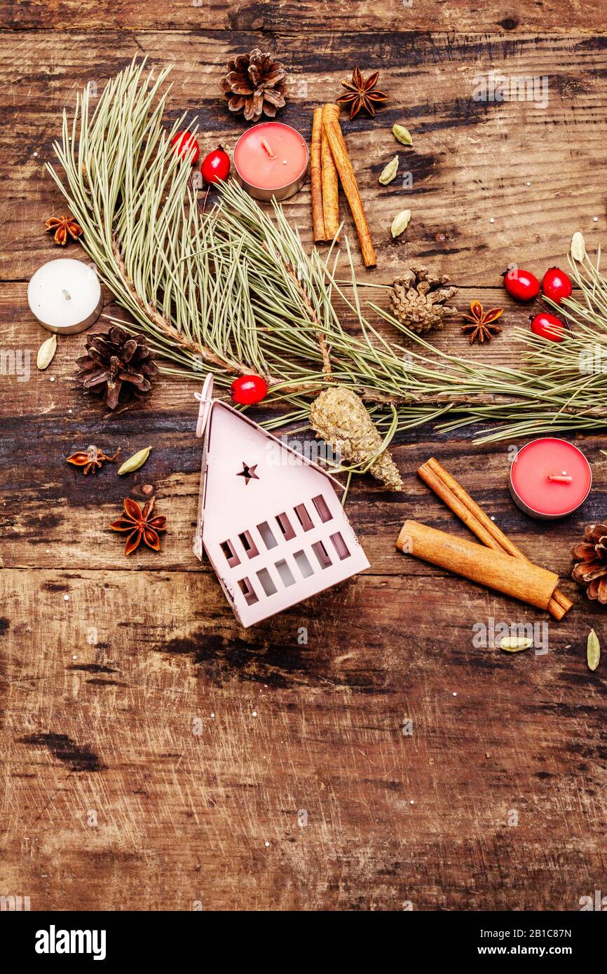 Spirit Christmas background. New Year tree, light house, dog rose ...