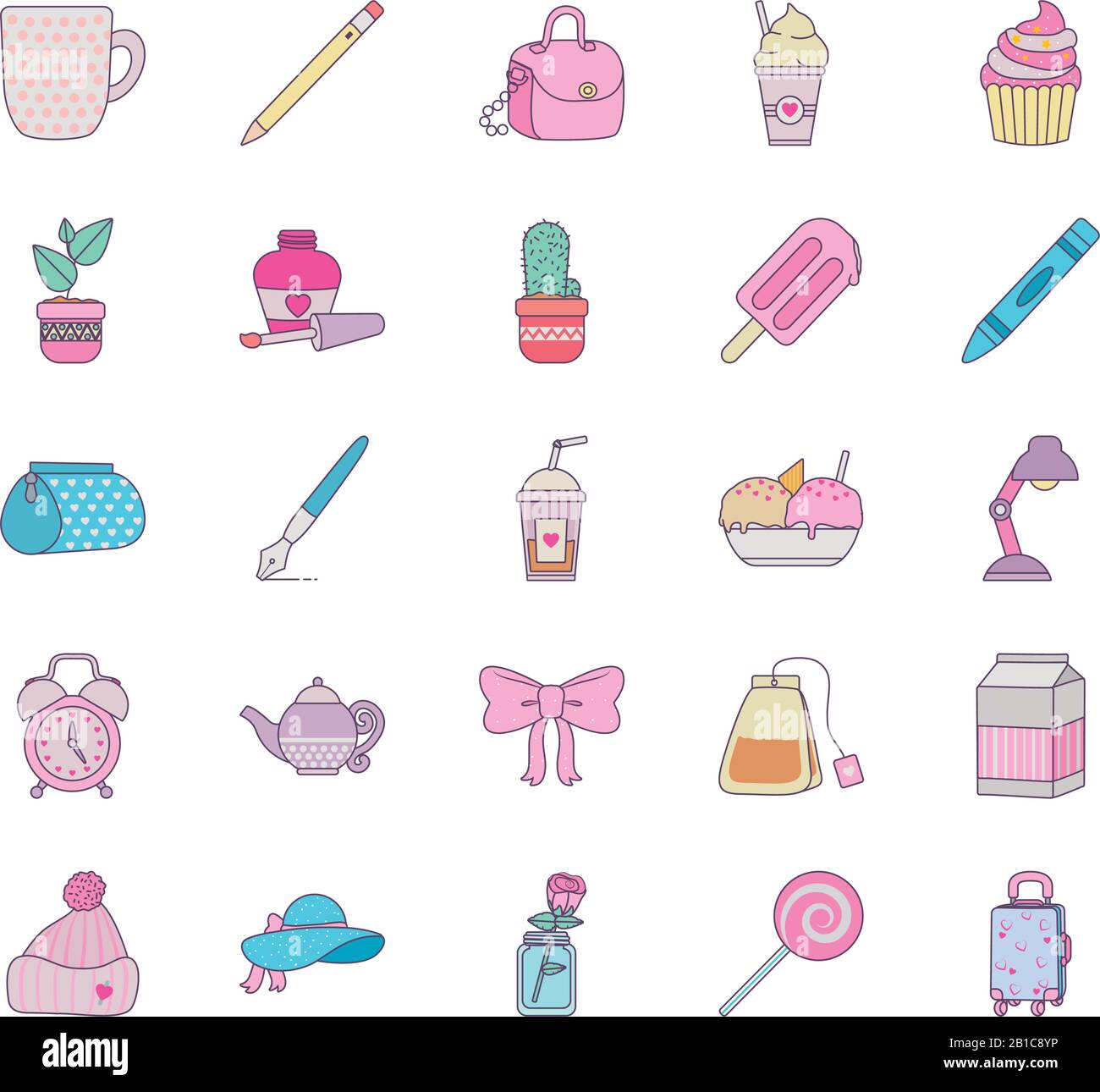 cute objects line and fill style icon set design, Ornament art cute ...