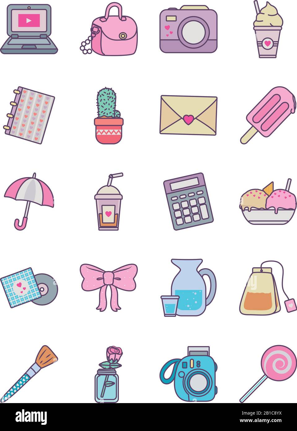 cute objects line and fill style icon set design, Ornament art cute ...