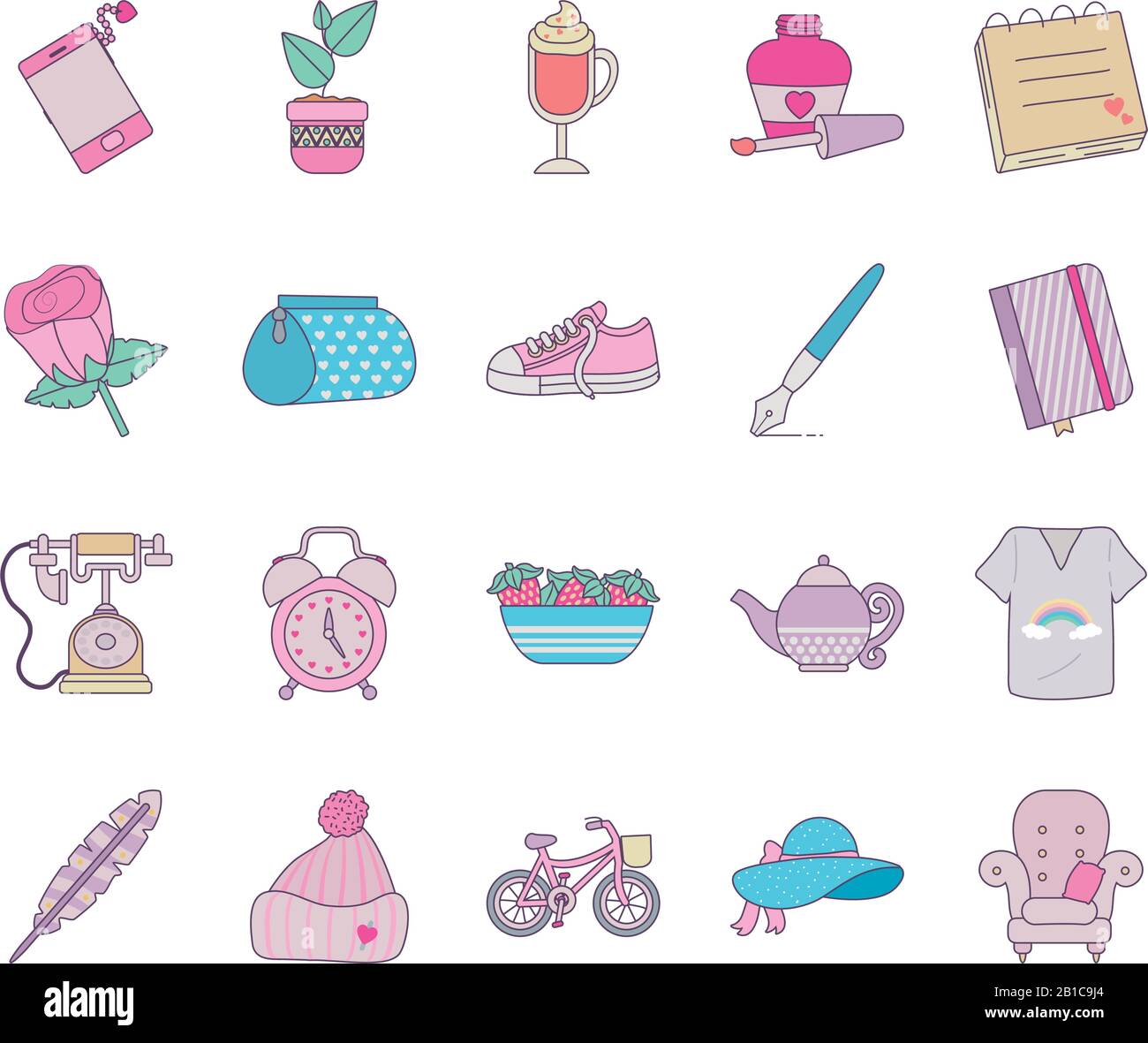 cute objects line and fill style icon set design, Ornament art cute ...