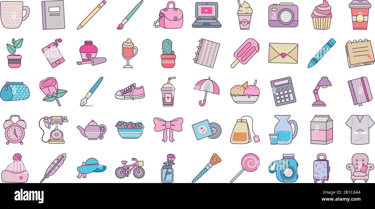 cute objects line and fill style icon set design, Ornament art cute ...