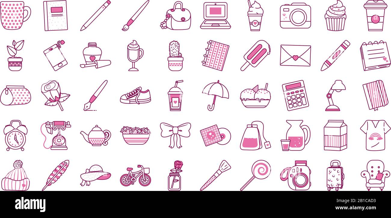 cute objects half line half color style icon set design, Ornament art ...