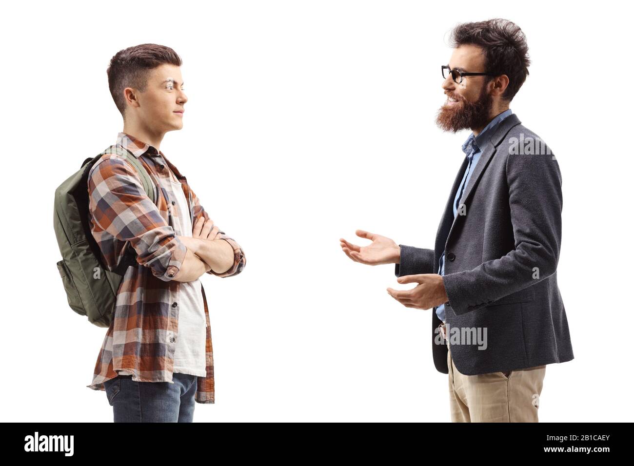 Man and male student talking isolated on white background Stock Photo ...