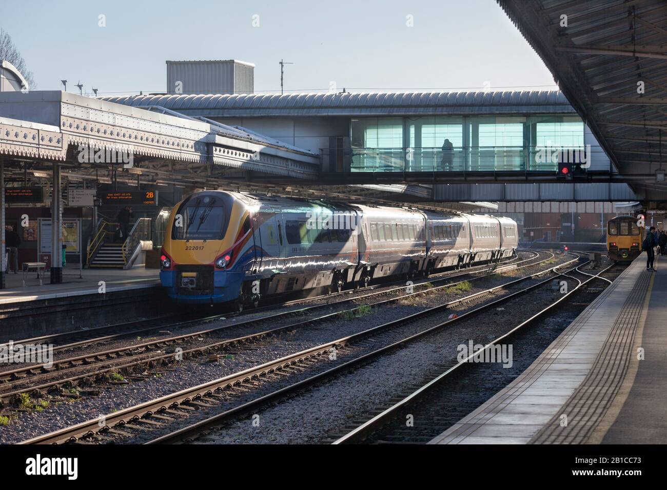 East Midlands railway class 222 Merdian train (L) and Northern rail ...