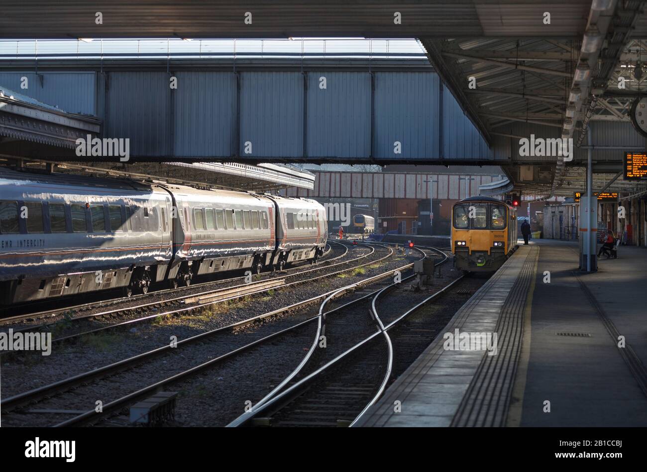 East Midlands railway class 222 Merdian train (L) and Northern rail ...
