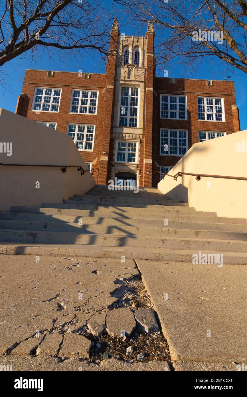 Side entrance and exterior of brick school in the Midwest Stock Photo ...
