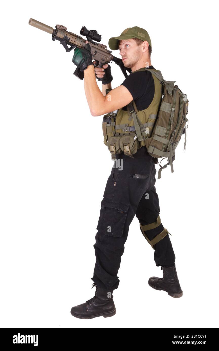 Private military contractor - rifleman with assault rifle isolated on ...