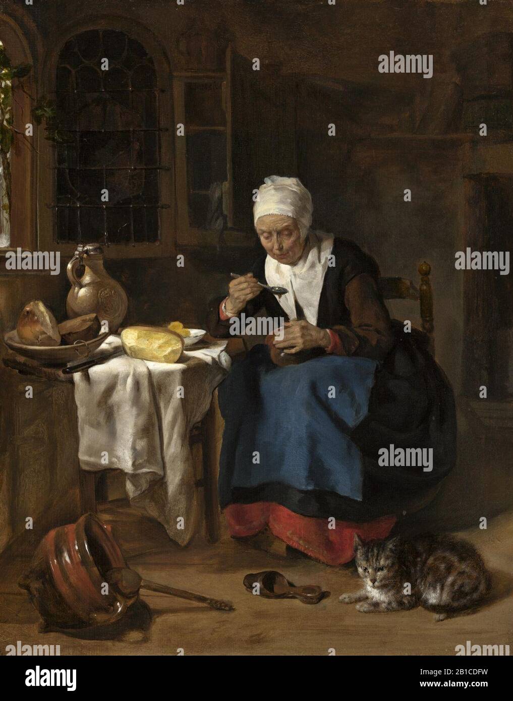 Gabriel Metsu - Old Woman Eating Porridge (with a cat Stock Photo - Alamy