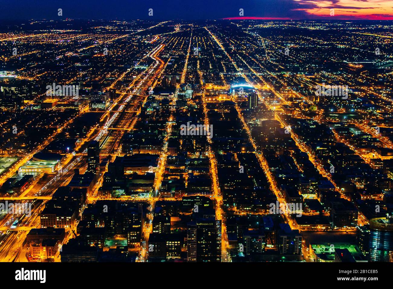 Chicago downtown skyscrapers at night. View from Willis Tower Stock ...
