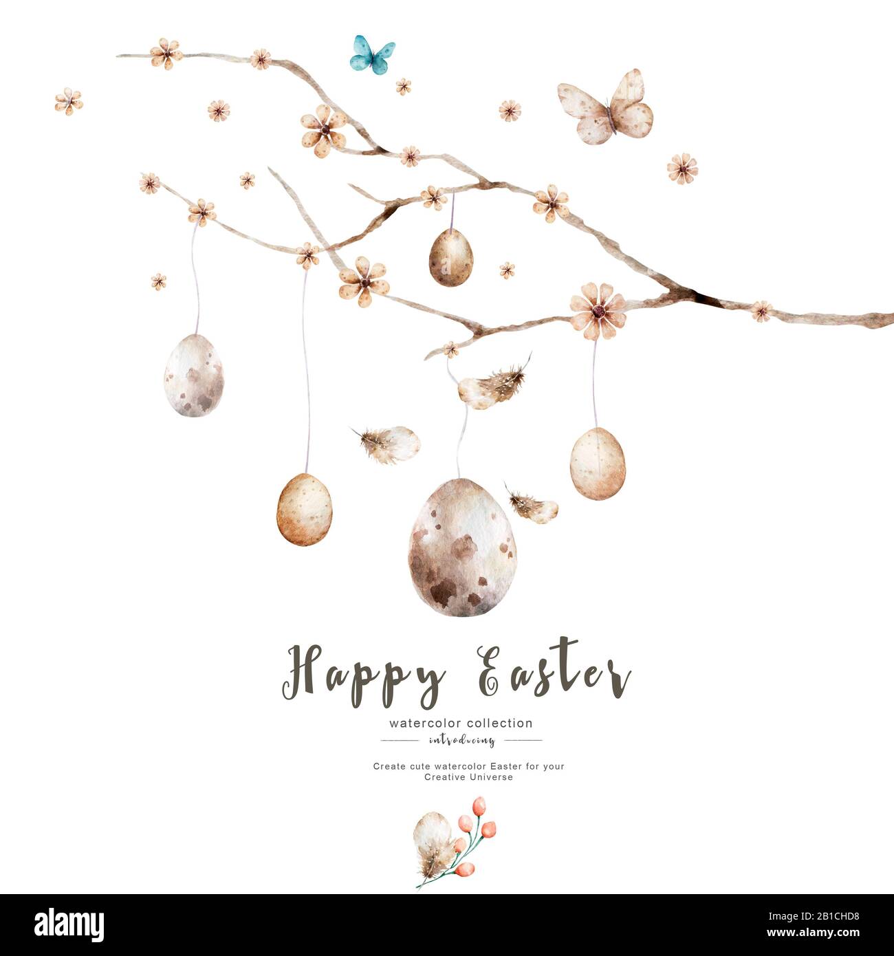 Easter greeting card with hanging eggs on the branch Stock Photo - Alamy