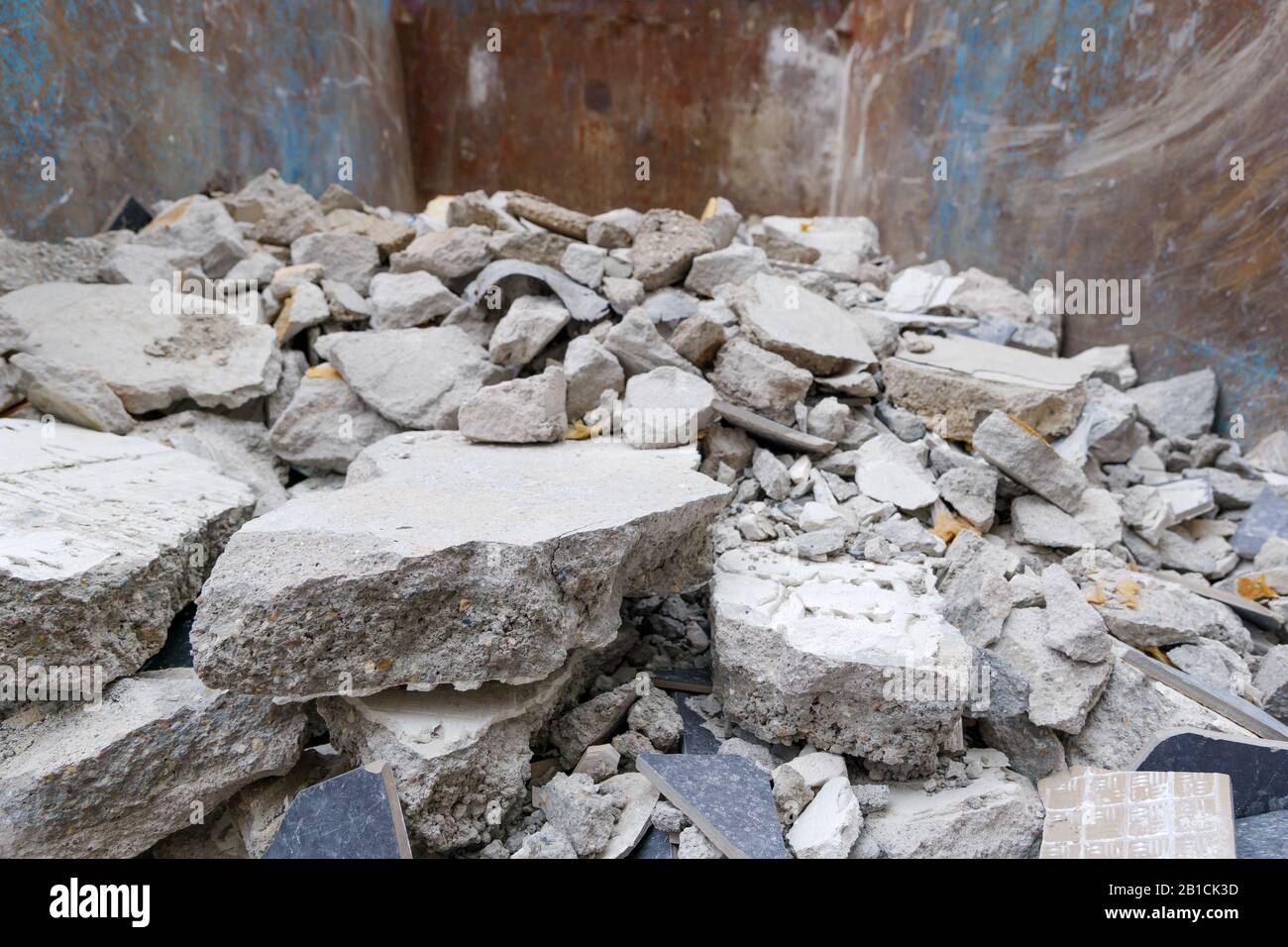 View of crack concrete and tile debris of demolition waste from ...