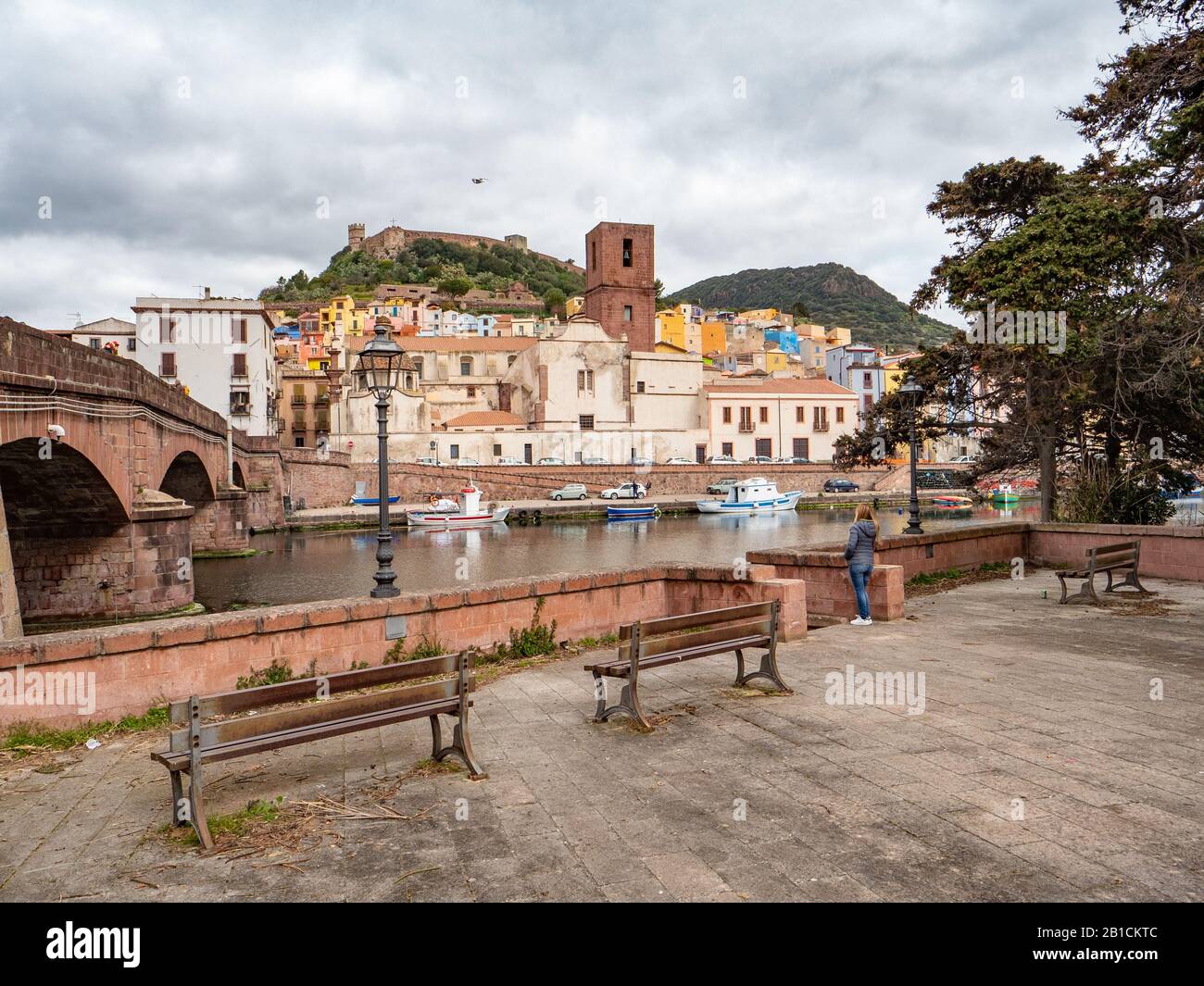 aerial view of bosa town with his colored houses nd the castle in ...