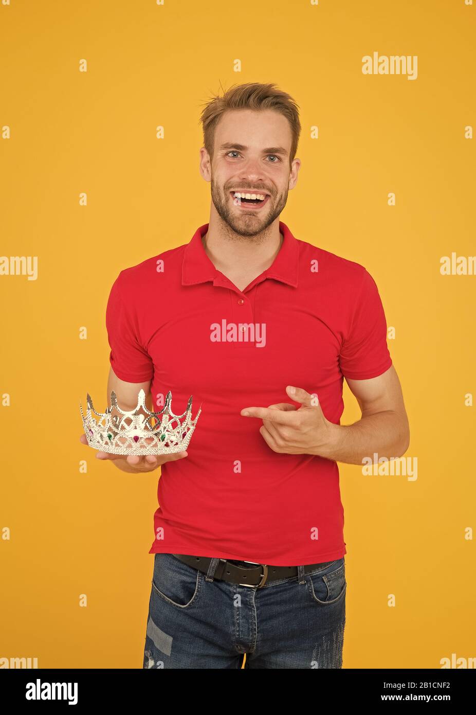 reward for your success. smiling man with crown. selfish man dream ...