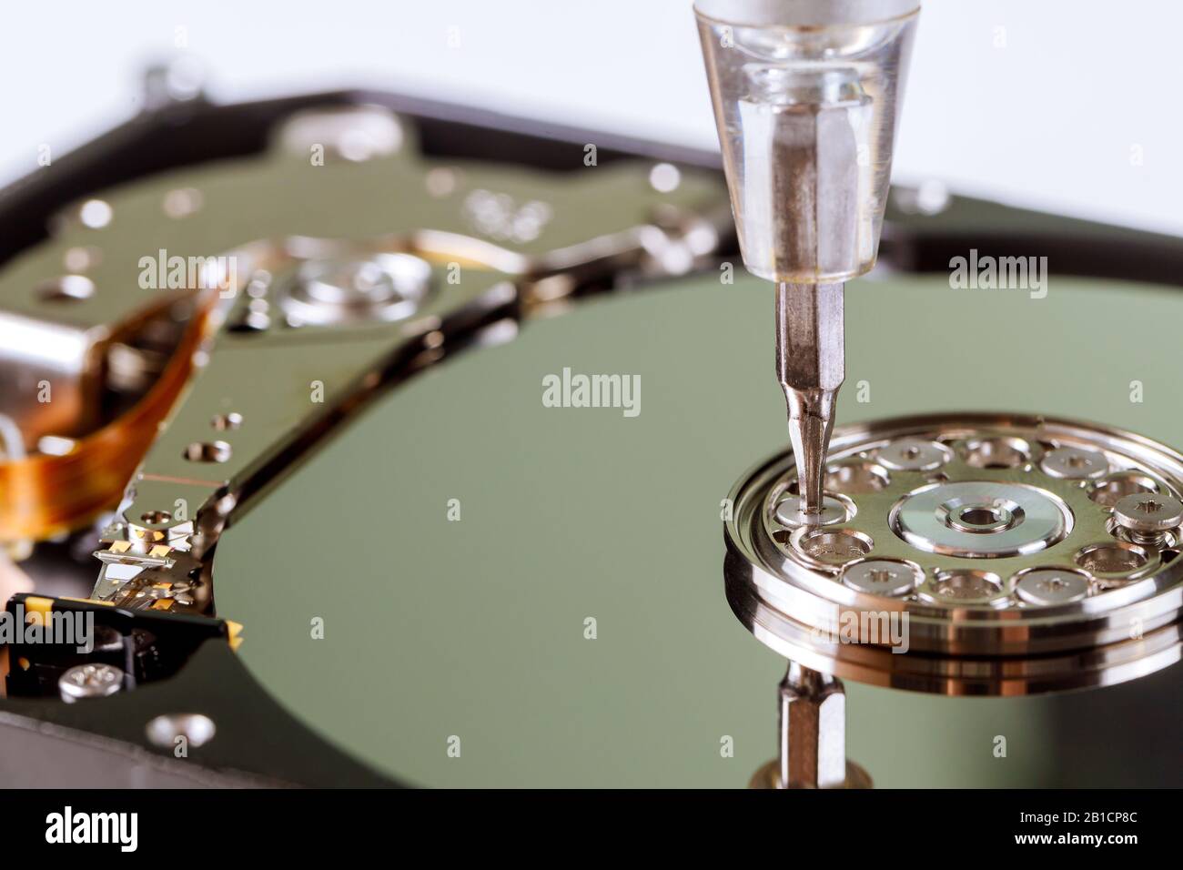 Open inside of computer disassembled a broken hard disk drive close ...