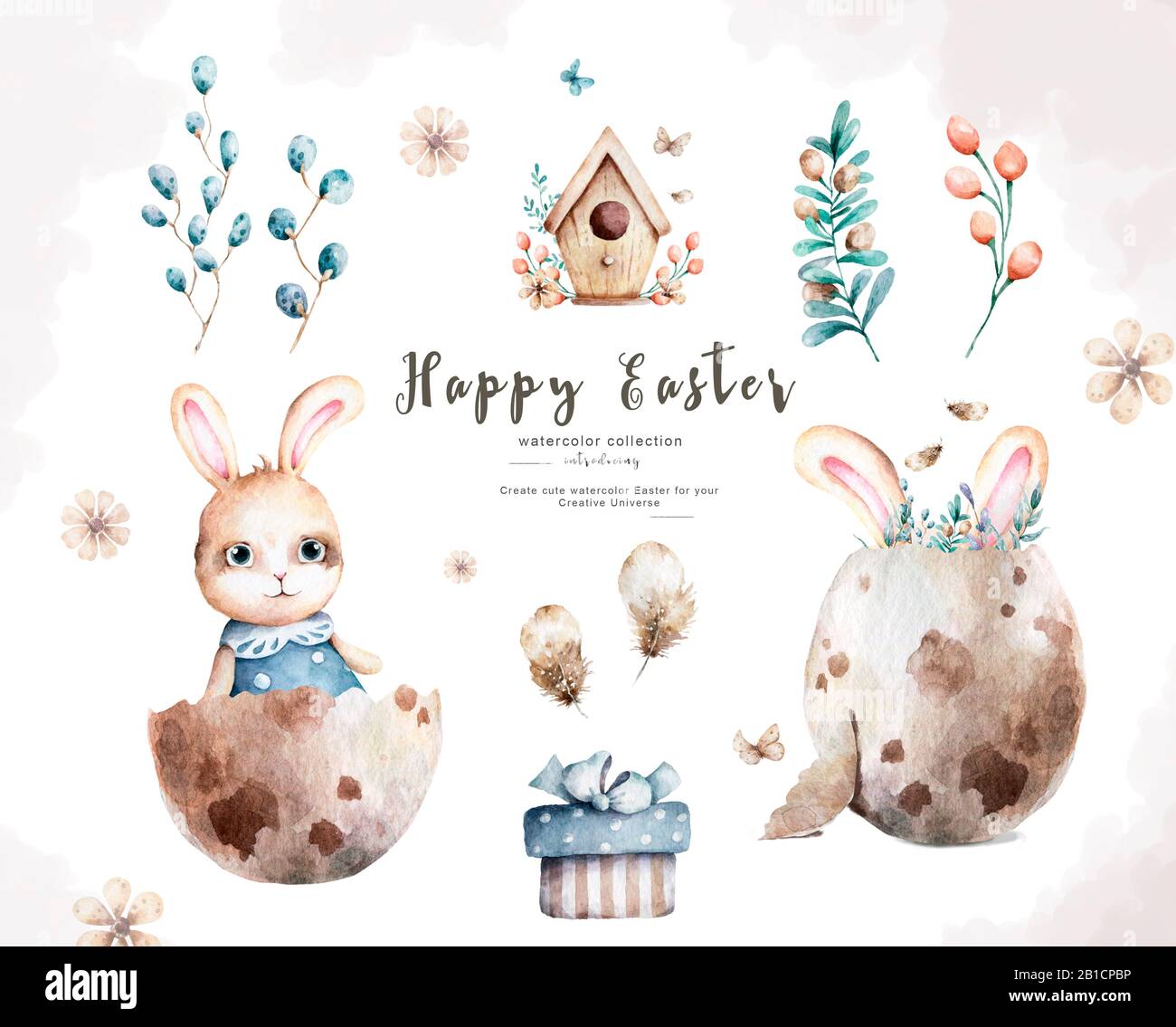 Hand drawn watercolor happy easter set with bunnies design.Rabbit ...