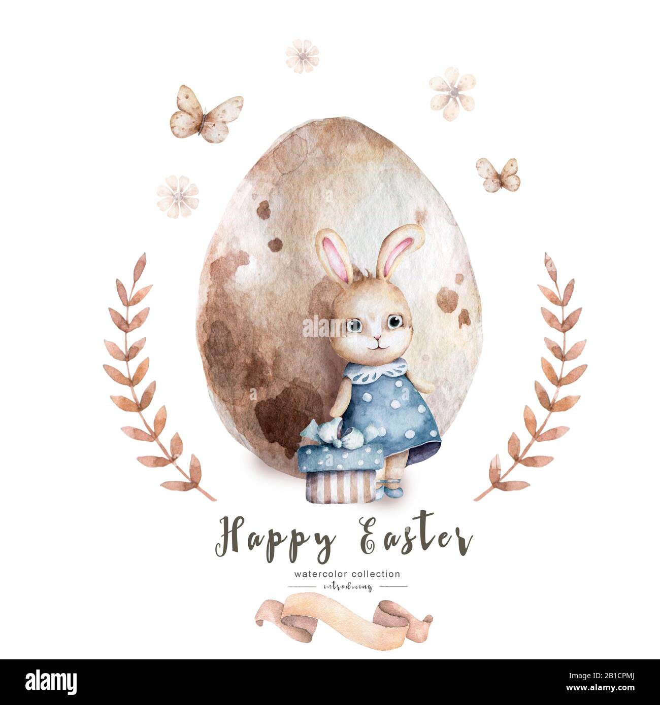 Hand drawn watercolor happy easter set with bunnies design.Rabbit ...