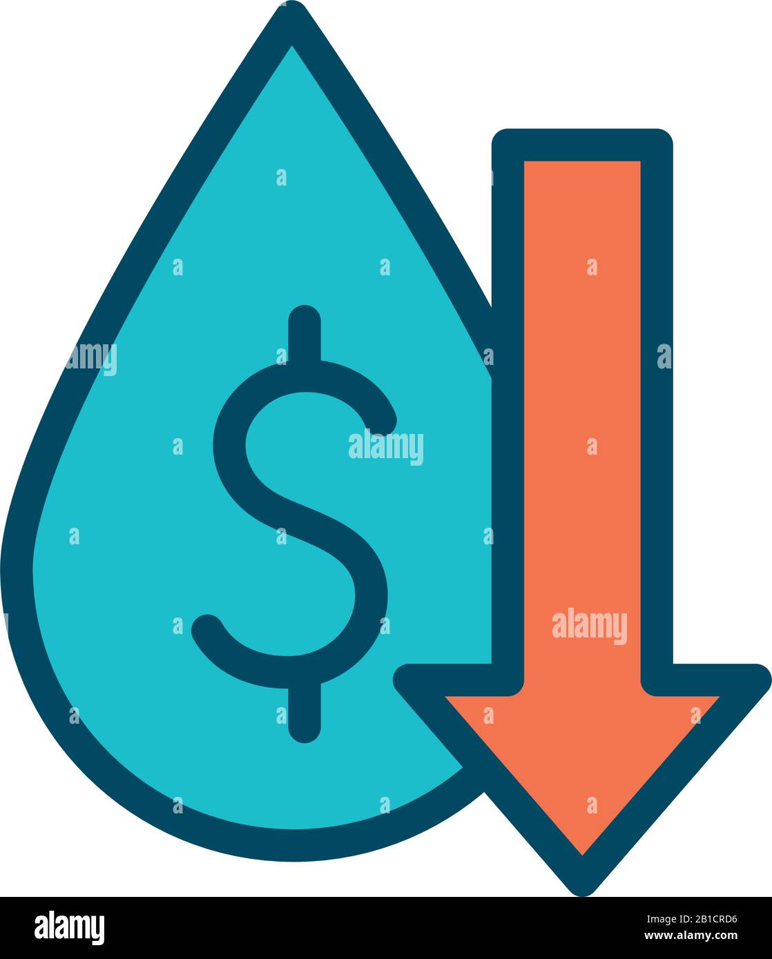 Isolated dollar inside oil drop and decrease arrow line and fill style ...