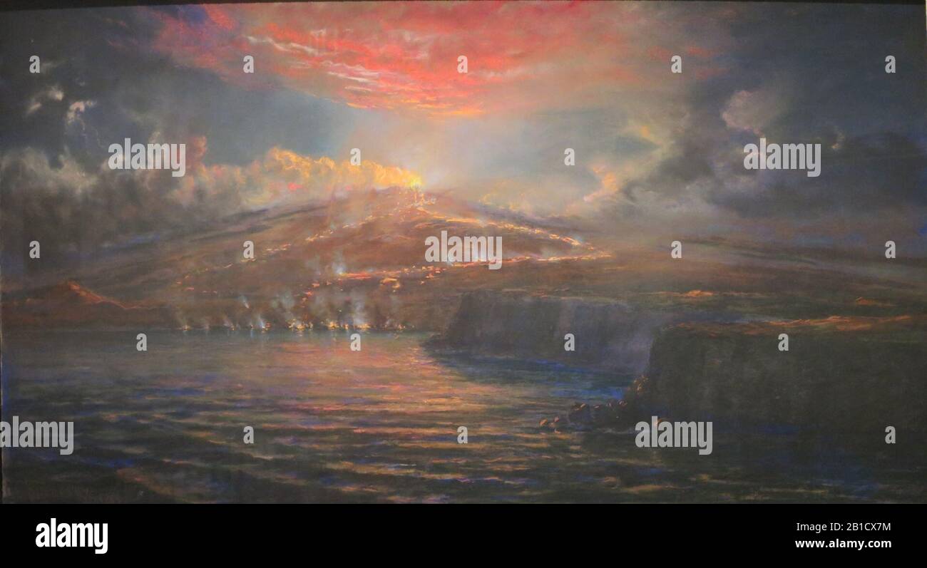 'Volcanic Eruption on the Sea at Night' by Charles Furneaux, pastel ...