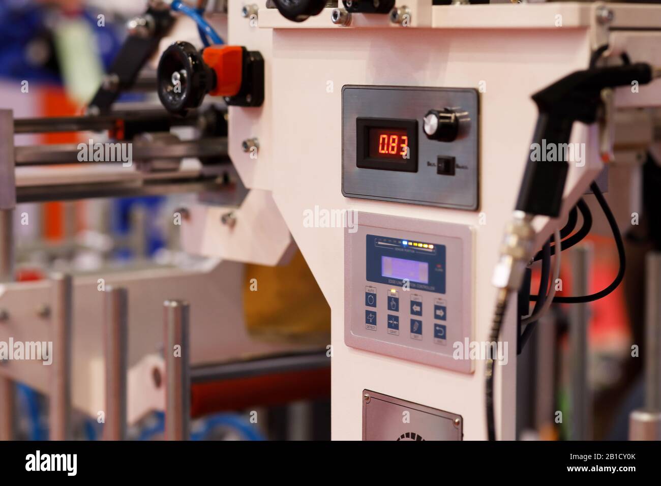 Control panel of MDF PVC profile wrapping machine. Selective focus ...