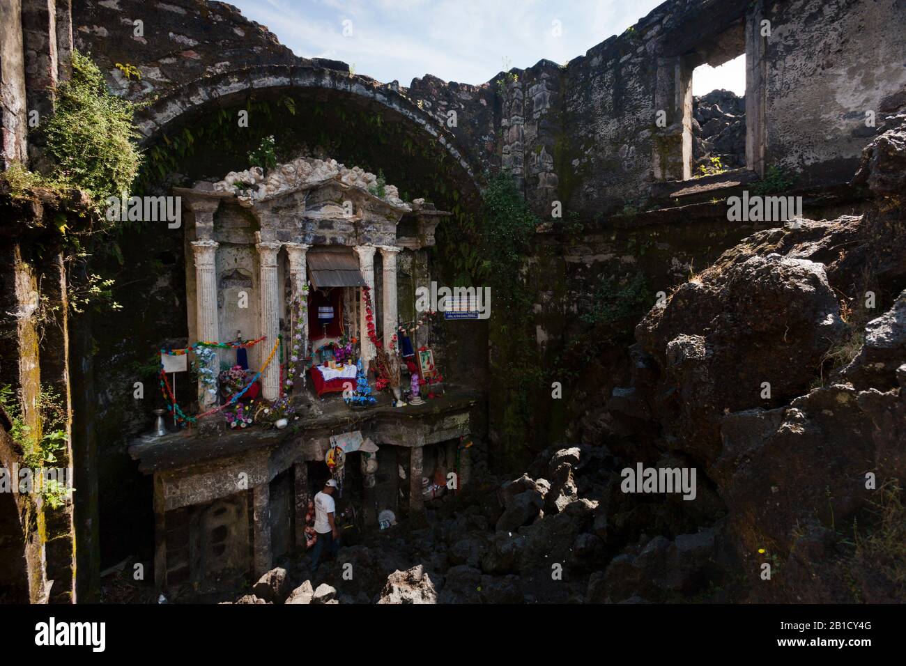 Church engulfed in lava, Paricutin volcano, state of Michoacan, Mexico ...