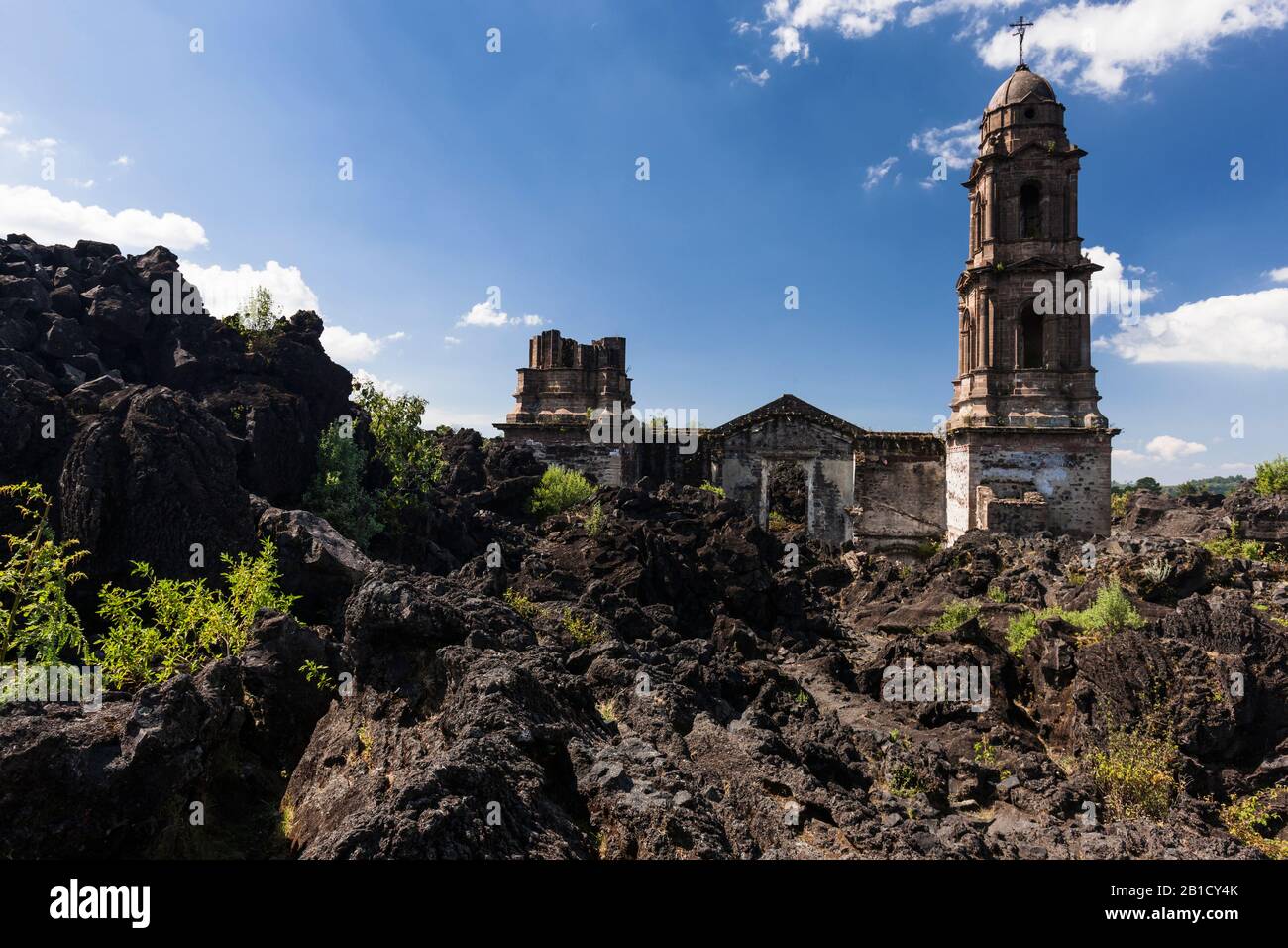 Church engulfed in lava, Paricutin volcano, state of Michoacan, Mexico ...