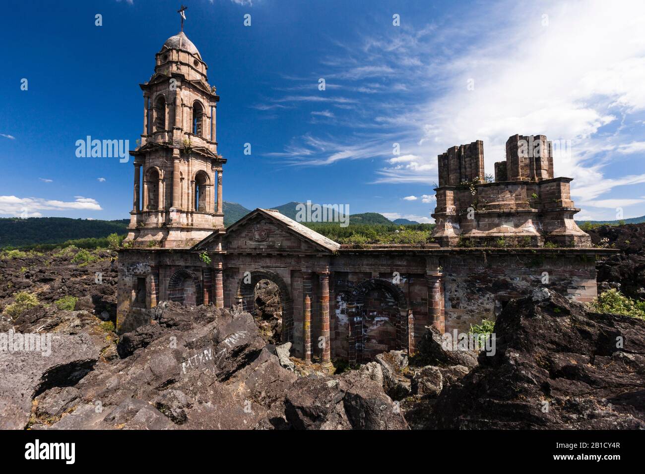 Church engulfed in lava, Paricutin volcano, state of Michoacan, Mexico ...