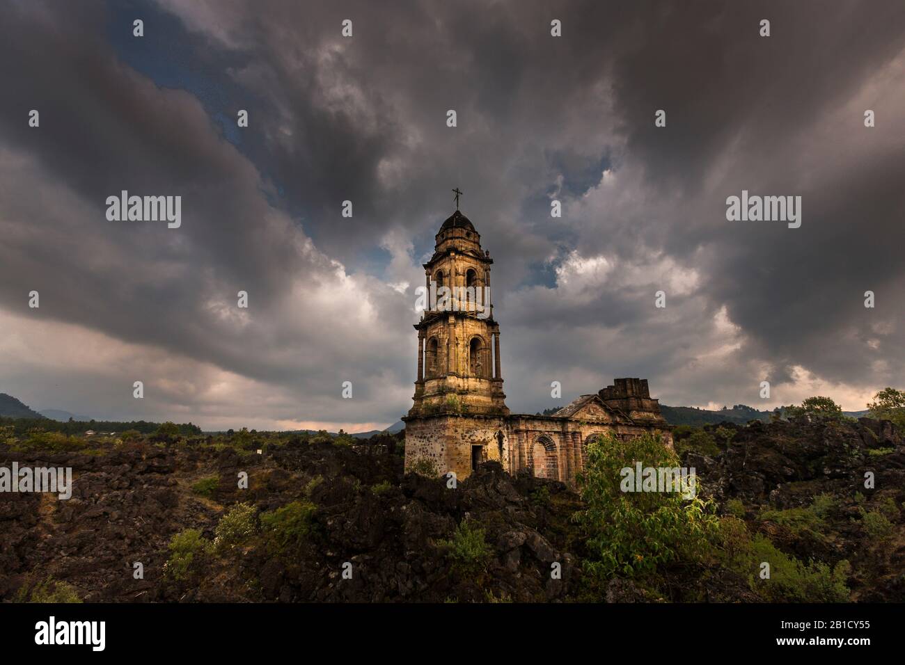 Church engulfed in lava, Paricutin volcano, state of Michoacan, Mexico ...