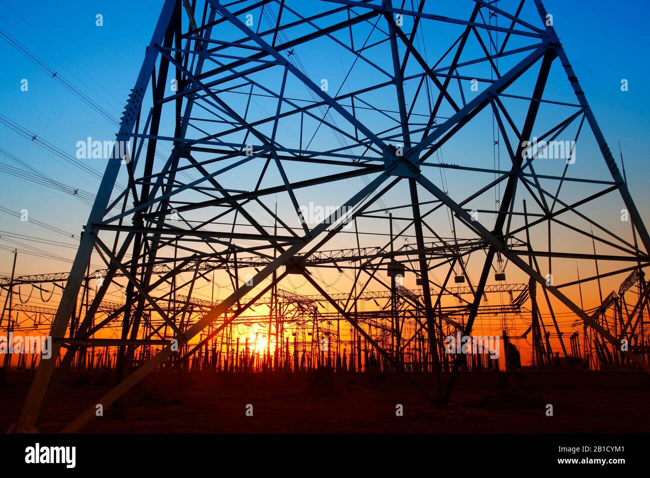 In the evening, the outline of substation, it is very beautiful Stock ...