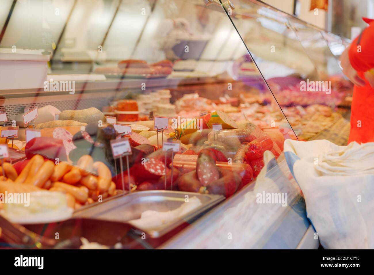 Selected focus view in front of display counter of Sausage, ham and ...