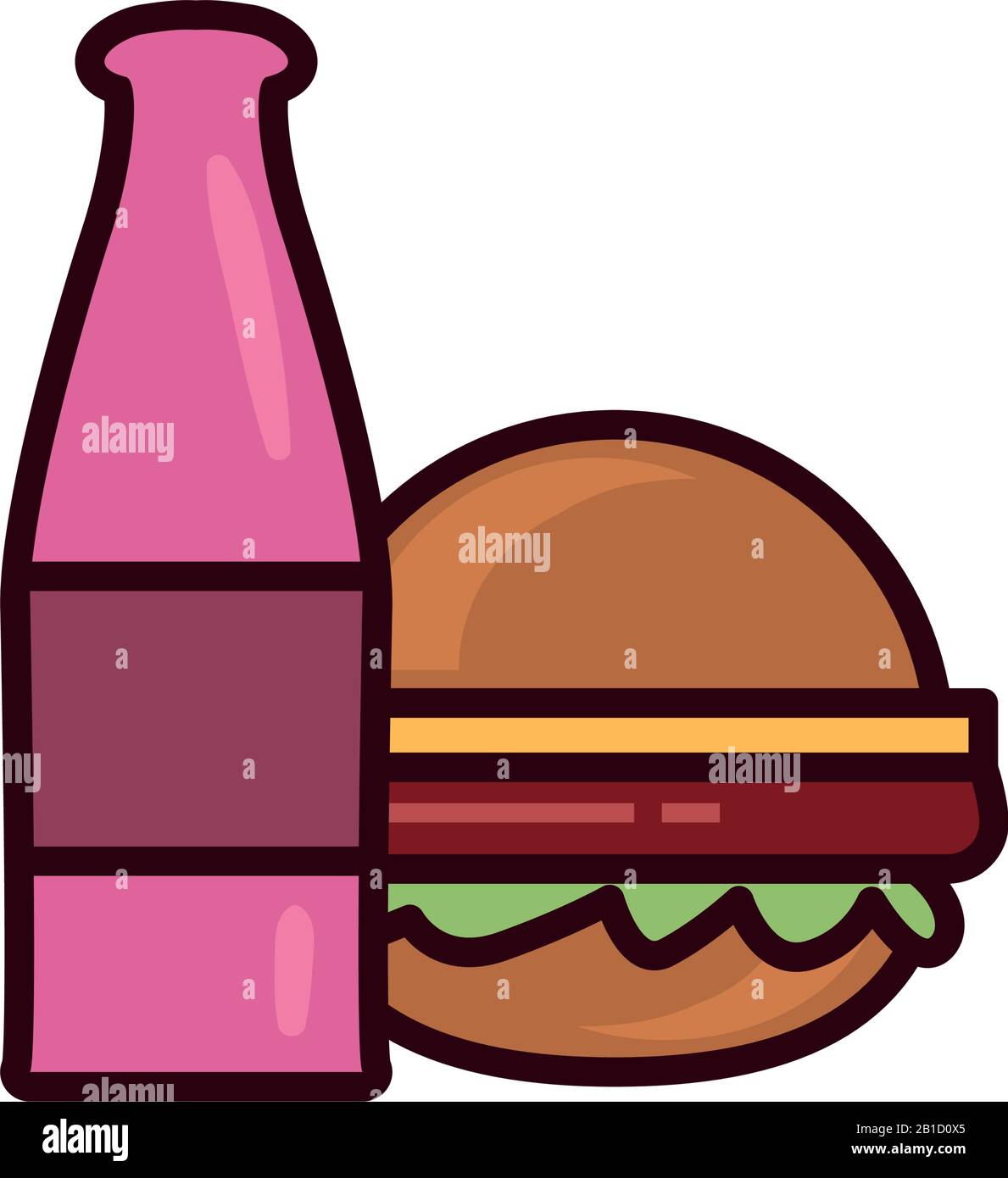 bottle and hamburger line and fill style icon design, fast food eat ...