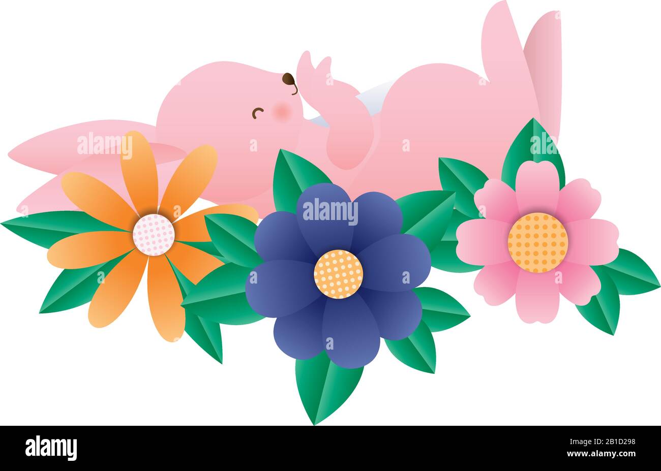 Cute rabbit cartoon with flowers and leaves vector design Stock Vector ...