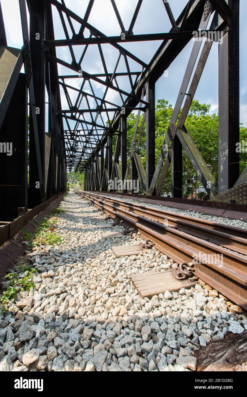 Old train railway track and tall steel structure, Singapore, Southeast ...