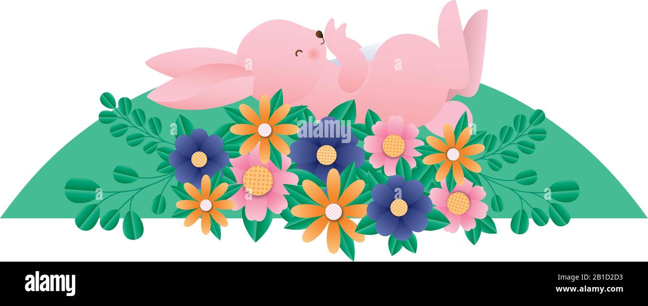 Cute rabbit cartoon with flowers and leaves vector design Stock Vector ...