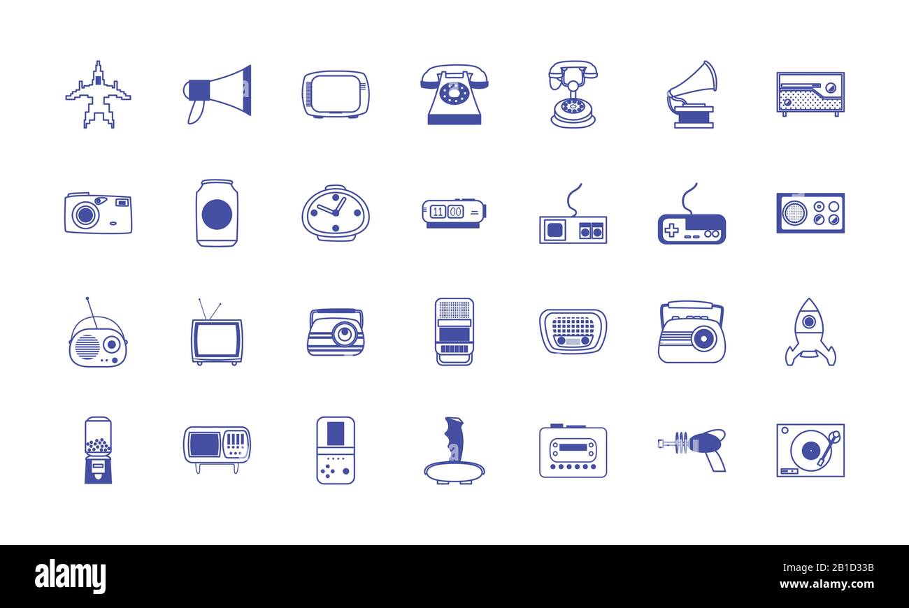 line style icon set design, retro leisure technology entertainment ...