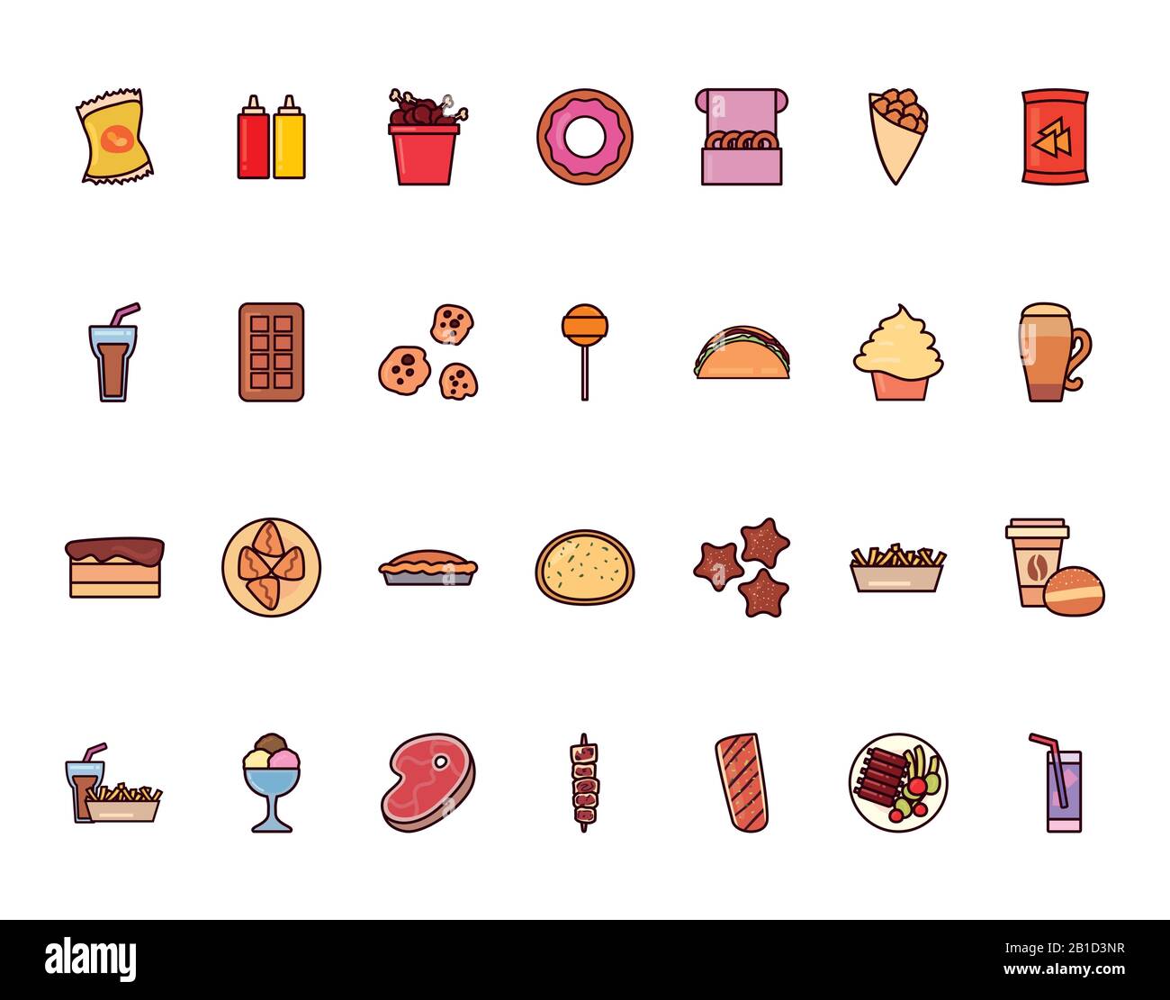 line and fill style icon set design, fast food eat restaurant menu ...