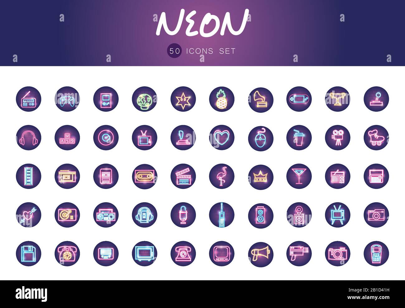 50 neon style icon set design, retro object decoration advertising ...