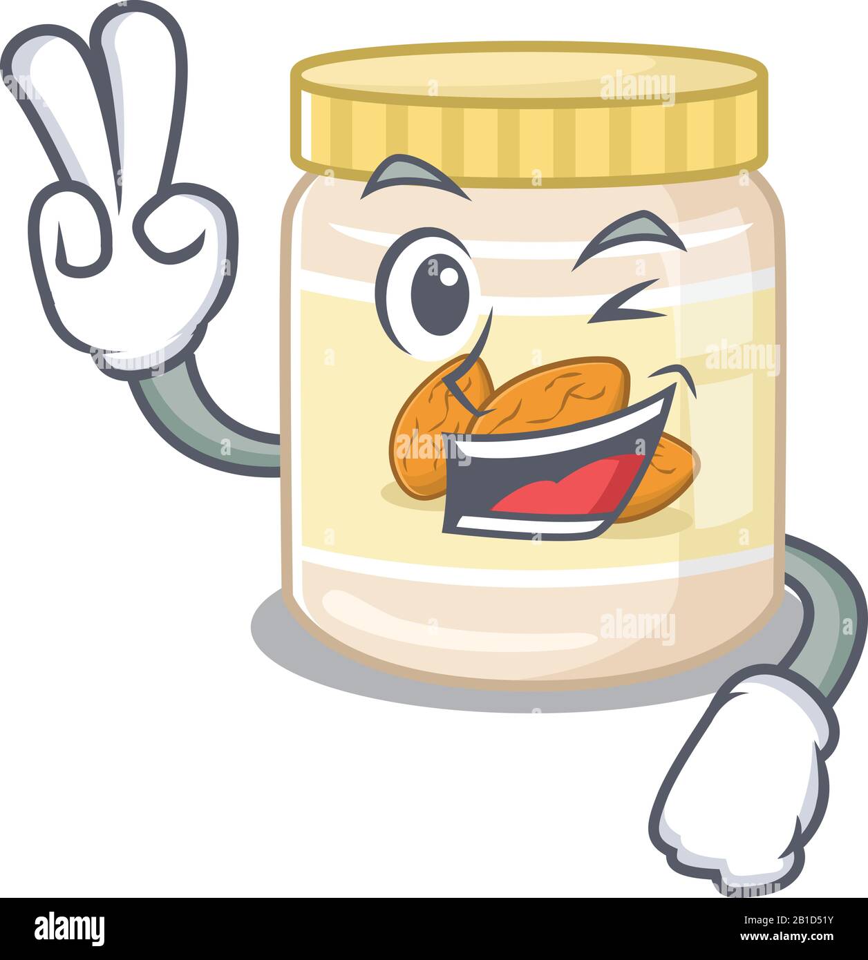 mascot of funny almond butter cartoon Character with two fingers Stock ...