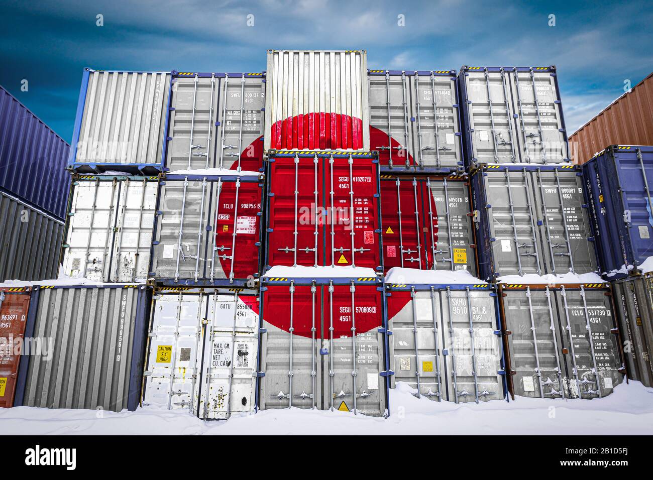 The national flag of Japan on a large number of metal containers for ...