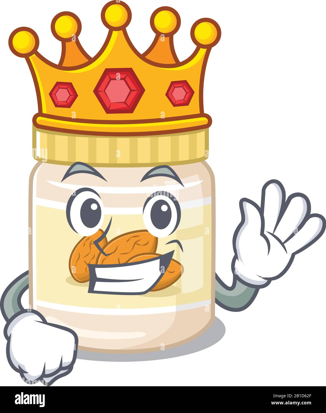 A cartoon mascot design of almond butter performed as a King on the ...