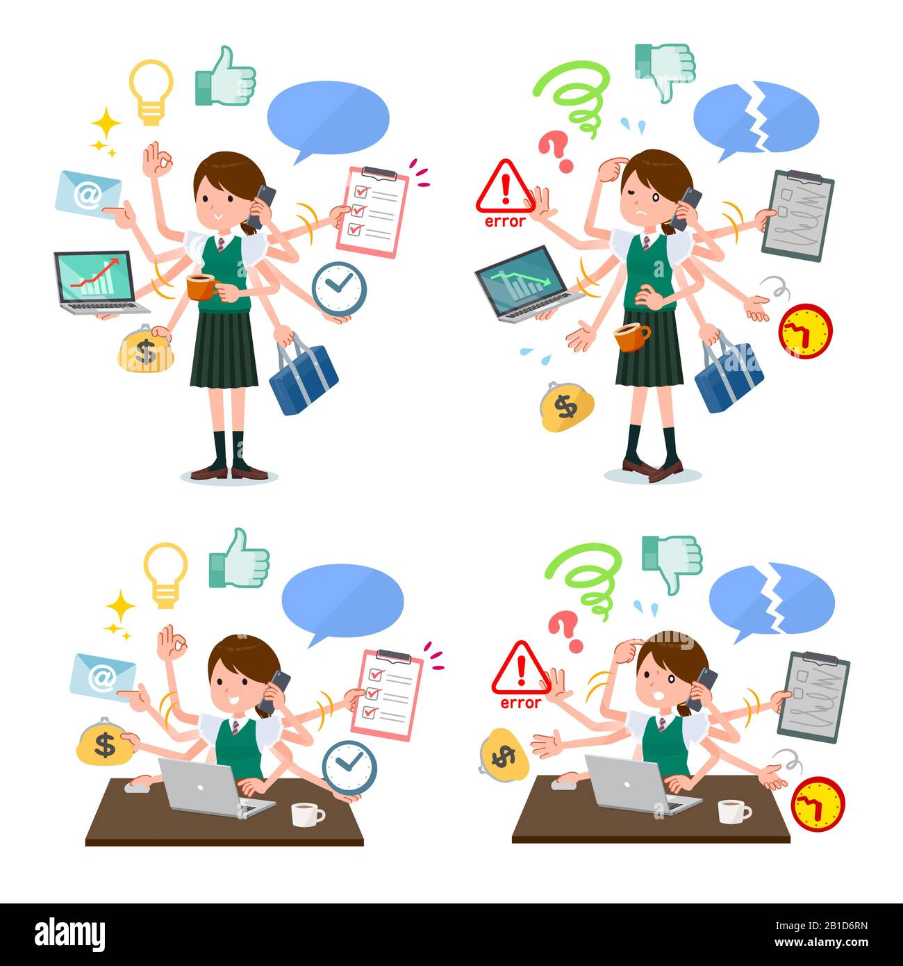 A set of Short sleeved school girl who perform multitasking in the ...