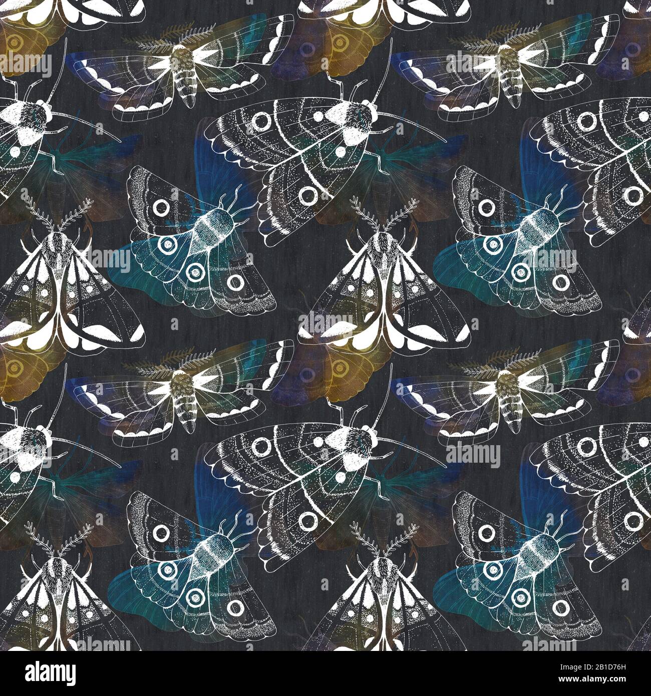 Colorful watercolor seamless pattern. Hand drawn white ink moth with ...