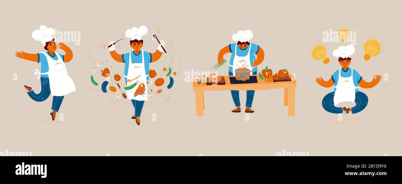 Vector cartoon illustration of home and small restaurant male man cook ...