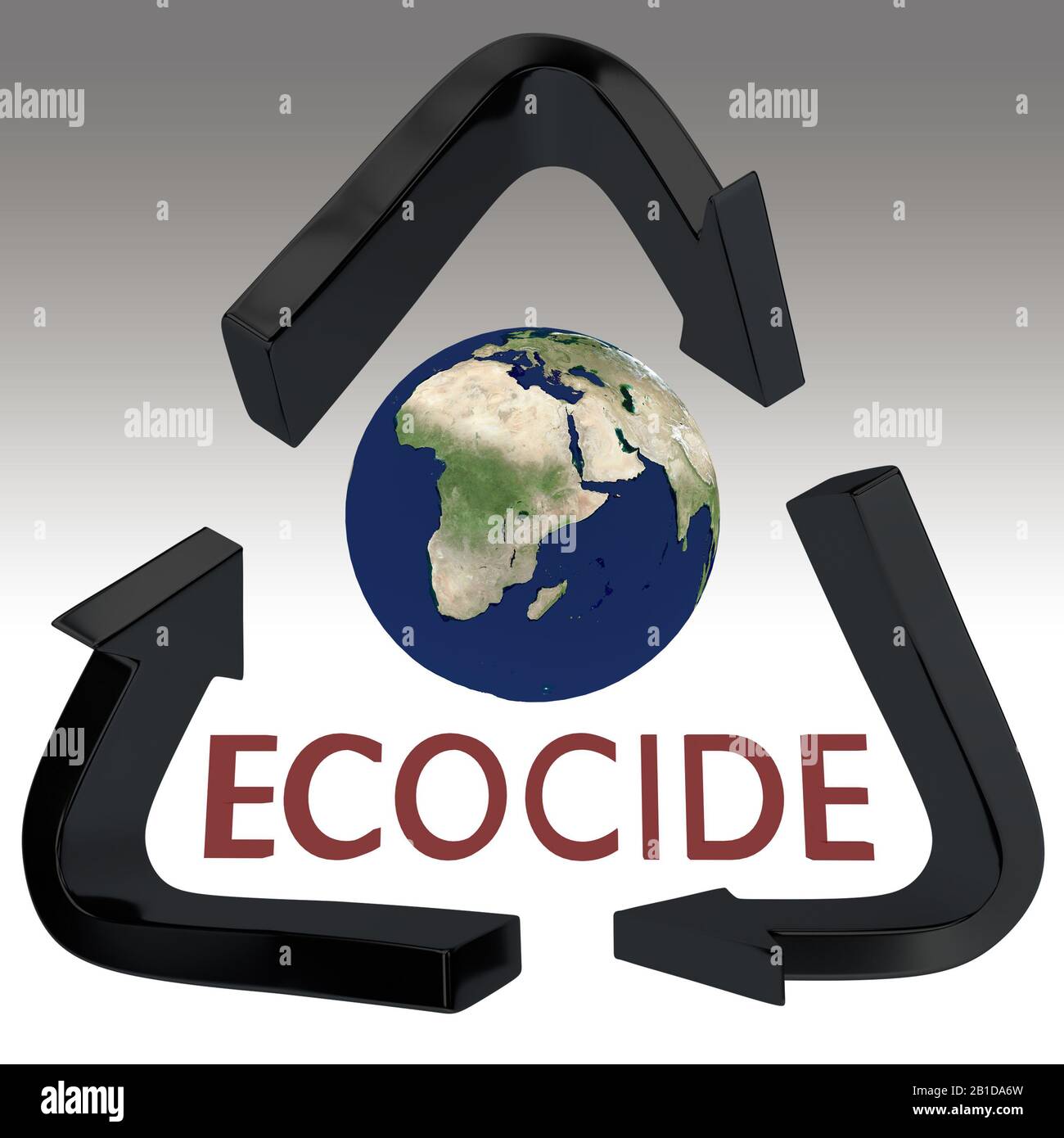 3D illustration of earth in a black recycling symbol and red ECOCIDE ...