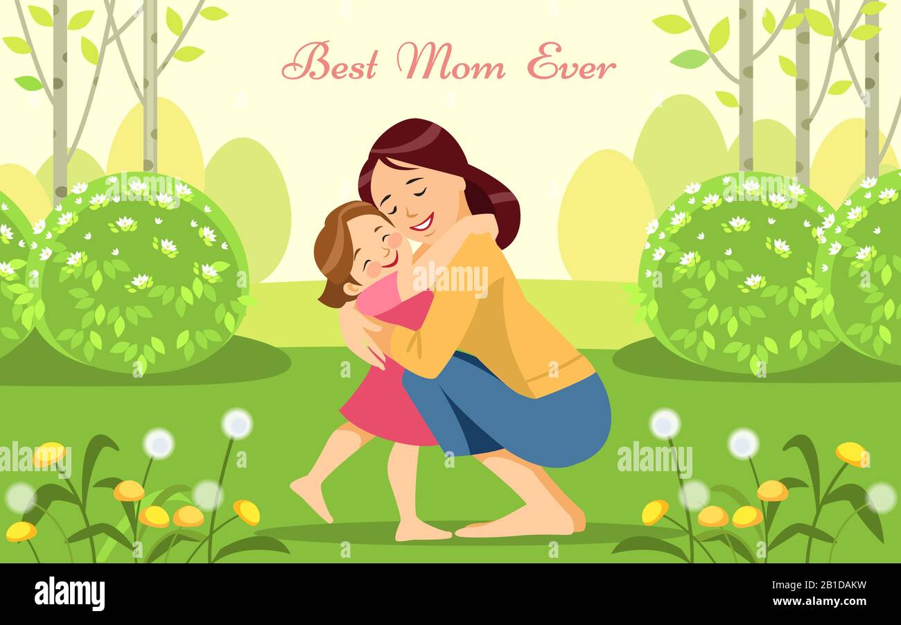 Mother's day holiday. Happy woman and child in the blooming spring ...