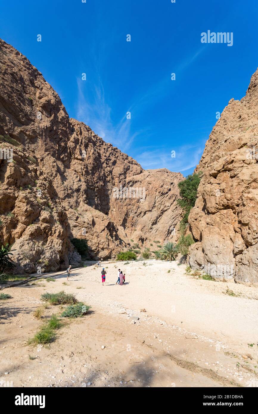 Wadi Shab river canyon with rocky cliffs and green water springs ...