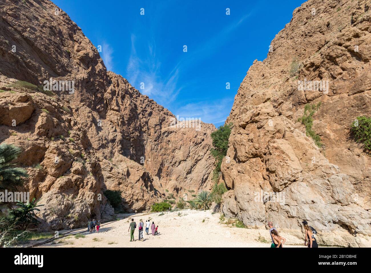 Wadi Shab river canyon with rocky cliffs and green water springs ...