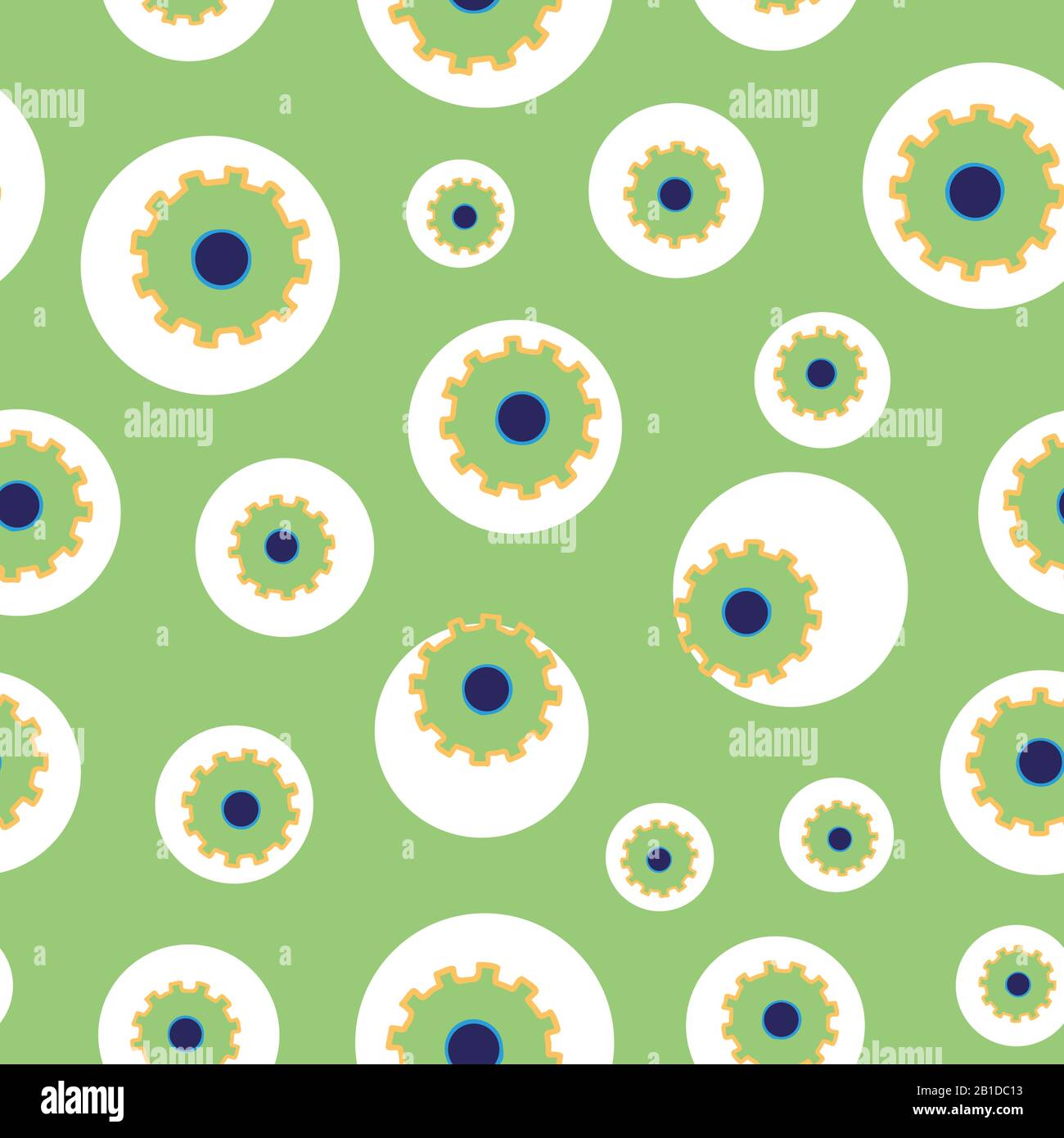 Out of gear cogs bouncing around in white circles on a on bright green background vector repeat ...