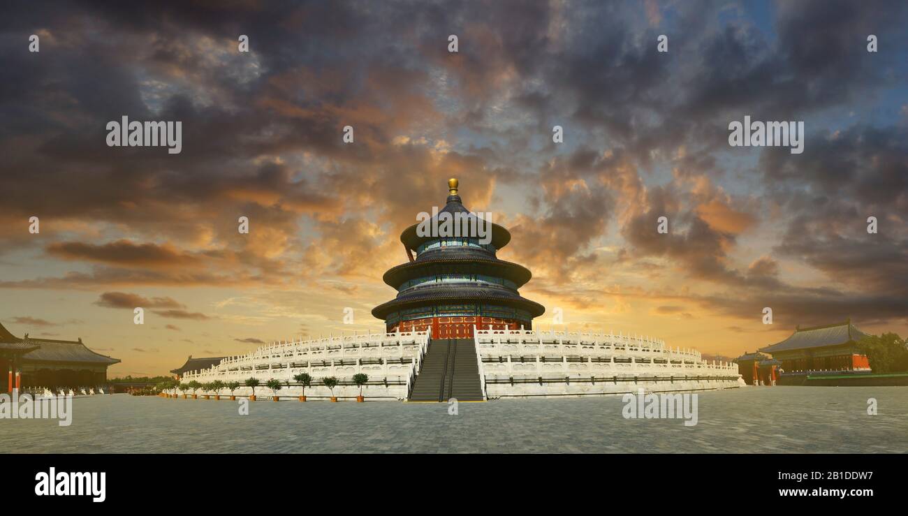 Sunset, on the temple of heaven in Beijing, China dedicated to the ...